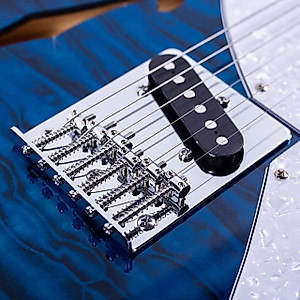 Grote Electric Guitar Semi-Hollow Body Single F-Hole Printed Tele Style Guitar Full-Size Basswood with Canadian Maple neck Chrome Hardware Picks (Blue)