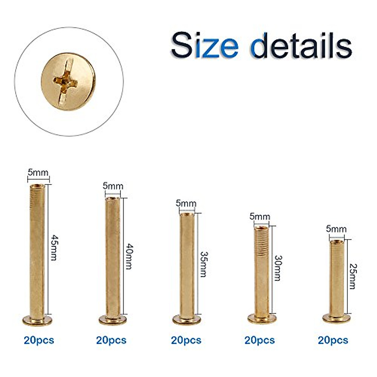 INCREWAY Phillips Screws, 100 Sets 5mm X 25/30/35/40/45mm Brass Plated Chicago Binding Screws, Round Cross Head Stud Screw Posts Nail Rivet Chicago Button, Brass Tone