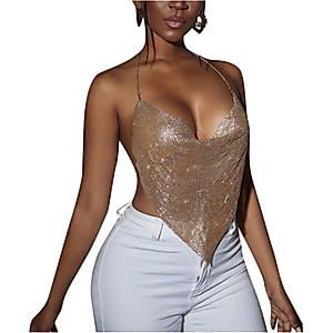 RARITYUS Women Sexy Shiny Rhinestone Tank Top Deep V Neck Chain Crop Top Shirt for Night Club Party Rave Outfit (Beige)