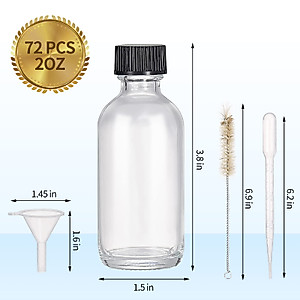 72, 2oz Small Clear Glass Bottles with Lids Boston Round Sample Bottles for Essential Oil Vanilla Hot Sauce Juice Whiskey Bourbon Liquid come with 5 Funnels,5 Droppers,72 Labels,1Brush&Chalk Marker