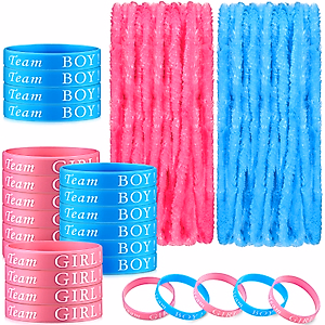 48 Pieces Baby Gender Reveal Decorations Set, 24 Gender Reveal Bracelets and 24 Gender Reveal Leis, Team Boy Team Girl Wristband for Baby Shower Gender Reveal Ideas Party Favor Supplies, Pink and Blue