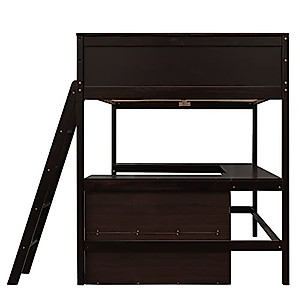 BOVZA Full Size Loft Bed with Desk and Shelves, Wooden Full Loft Bed Frame with Safety Guardrails for Kids Teens Adults, Espresso