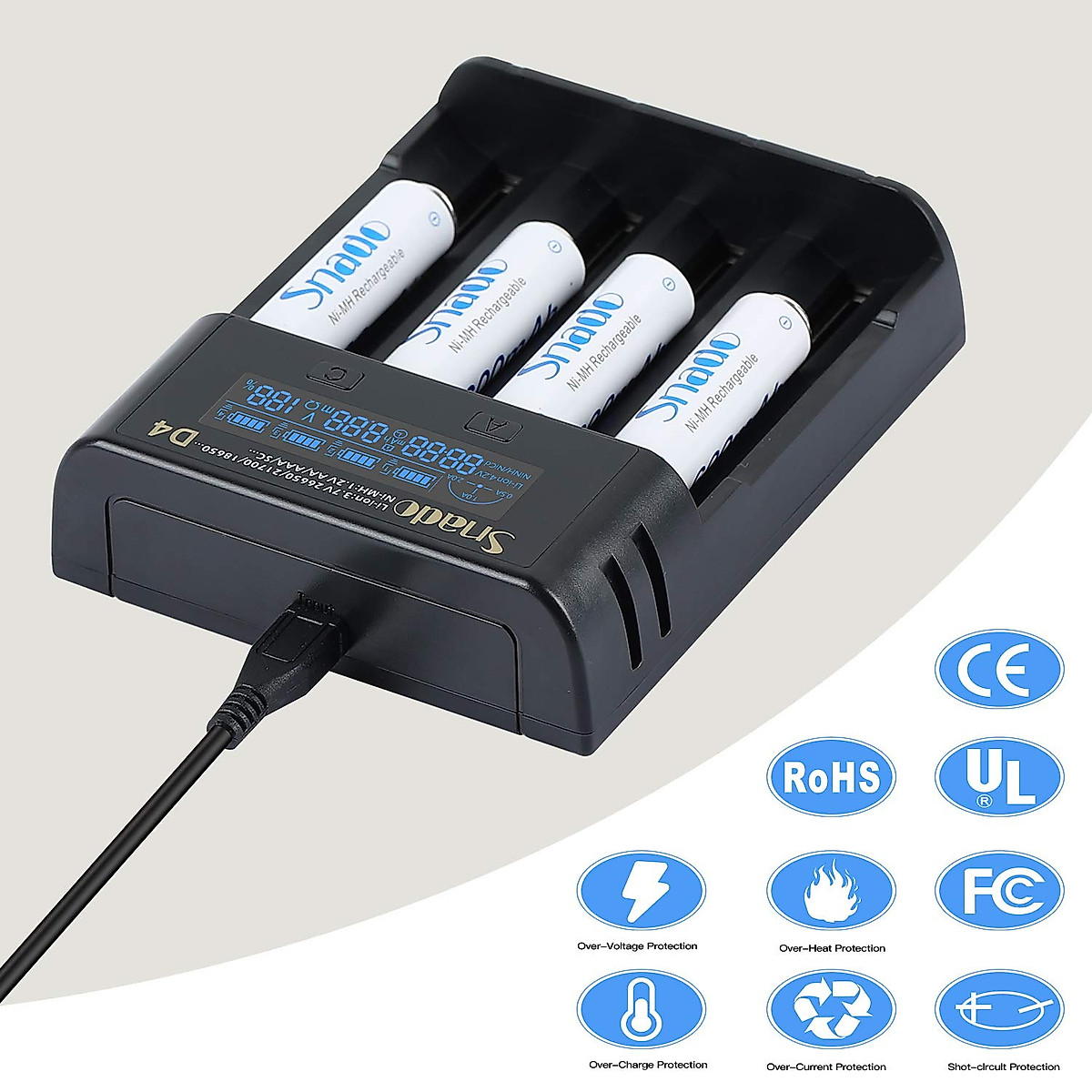 18650 Battery Charger, Snado Universal Smart Charger LCD Display for 3.7v Lithium ion Rechargeable Batteries 18650 21700 18490 17500 16340 14500 RCR123 and 1.2v Ni-MH/Ni-Cd AA AAA C Battery (4 Slots)