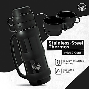Mayim King Stainless-Steel Vacuum-Insulated Thermos Beverage Bottle with 2 Cups, 34 Ounces, Black, H14039WB