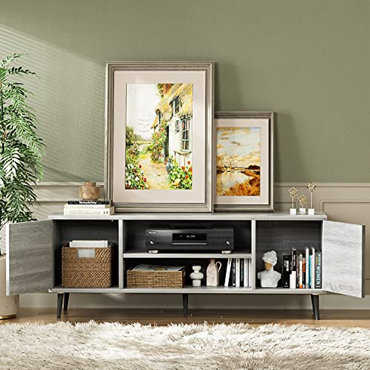 YESHOMY Modern Retro TV Stand for Televisions up to 65", Entertainment Center with Two Storage Cabinet and Shelf, Media Console for Living Room, Bedroom, Enterway, Office, 58 Inch, Gray