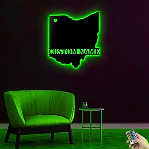 CEFFYLO Custom Ohio State Metal Wall Art With LED Lights, Personalized Ohio Map Name Sign Home Decor Born in Ohio Decoration Housewarming