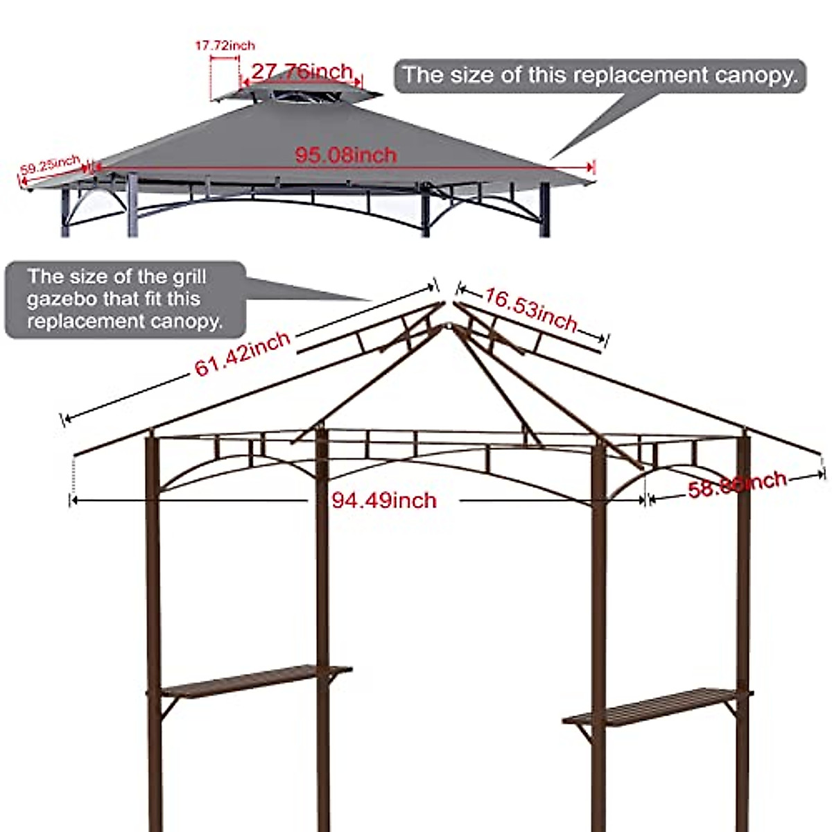 Grill Gazebo Replacement Roof - ABCCANOPY 5x8 Double Tiered BBQ Canopy Top Cover, Outdoor Grill Tent Roof for #L-GZ238PST-11 (Gray)