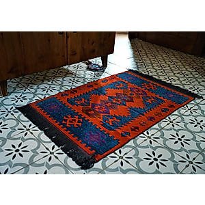 Secret Sea Collection Modern Bohemian Area Rug, Washable, Reversible, Cotton (Charcoal Grey-Orange), 2.4' x 4' ft (27.5'' x 48'') Diamond