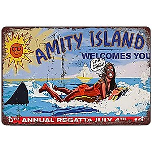 Rosefinch Stone Retro Funny Metal Sign Sheet Signs Tin Sign,Welcome to Amity Island，surf Girl Outdoor Home Wall Decoration, Size:8 x 12