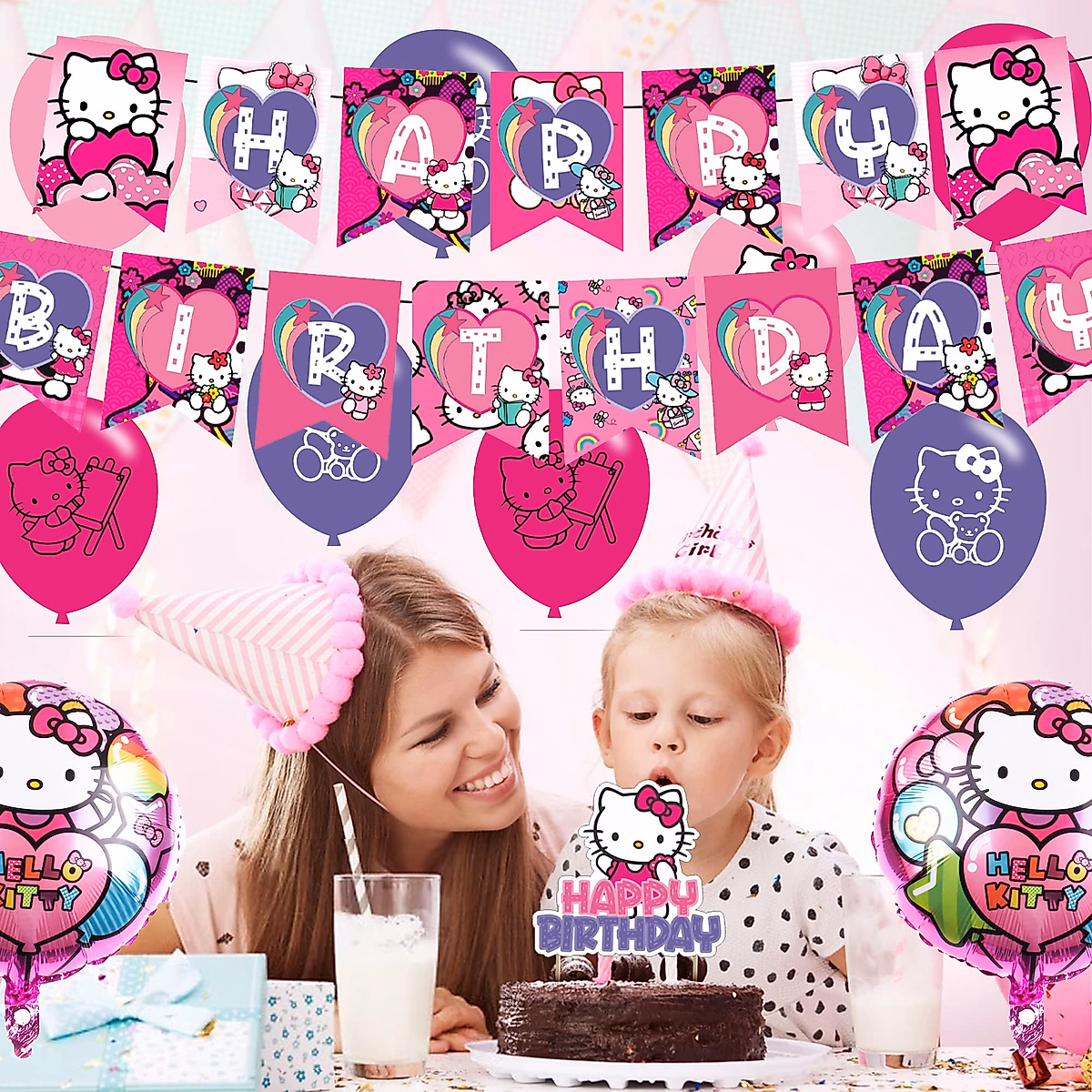 Hello Kitty Party Decorations,Birthday Party Supplies For Hello Kitty Party Supplies Includes Banner - Cake Topper - 12 Cupcake Toppers - 18 Balloons - 2 Hello Kitty Foils Ballons and 50 Kitty