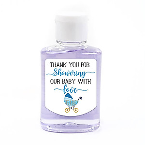 Hand Sanitizer Labels Thank You for Showering Our Little One with Love Stickers, Baby Shower Favor Party Favors Boy., Blue,1.26inches x 1.39inches