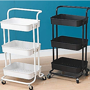 Lomani 3 Tier Storage Cart, Rolling Utility Cart with Brake Caster Wheels, Multifunctional Storage Shelves, Metal Storage Cart, Trolley for Kitchen, Bathroom, Office with Handle -White