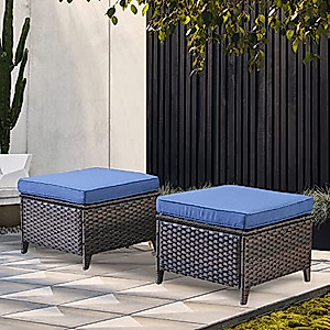 Outdoor Furniture Ottoman Set of 2 Patio Seating Footstool All-Weather Rattan Wicker Ottoman Seat with Soft Cushions for Patio Furniture Set