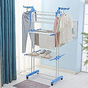 TFCFL 66” 3 Tier Clothes Drying Rack, Upthehill Collapsible Rolling Stainless Laundry Dryer Hanger with Foldable Wings and Casters Collapsible Garment Laundry Rack for Indoor/Outdoor (Blue)