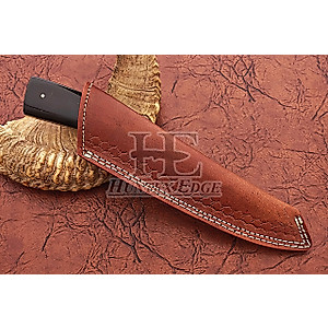 HUNTEX Handmade Hand-Forged Ladder Pattern Damascus Steel 10 Inch Long Full Tang Natural Buffalo Horn Handle Razor Sharp Hunting Camping Skinning Knife w/Genuine Leather Pouch