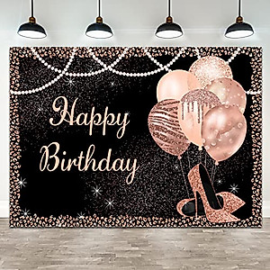 Wollmix Rose Gold Happy Birthday Decorations for Women Banner Backdrop 7x5ft Party Sweet 16 Girls Balloons Glitter Dots High Heels Photography Background Supplies Photo Booth Studio Cake Table