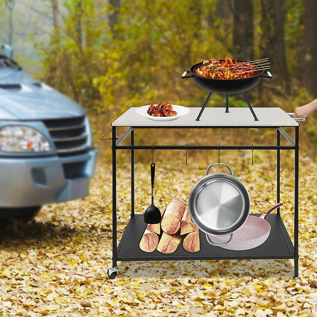 Gagalayong Double-Shelf Movable Outdoor Grill Cart Pizza Oven Stand, Multifunctional Kitchen Food Prep Table with Drawer, Black Solid Steel Dining Worktable on 4 Wheels & Seasoning Tray