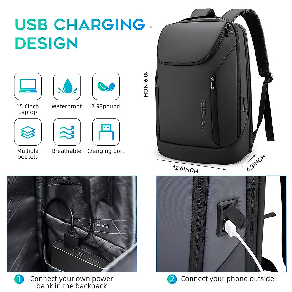 Business Smart Backpack Waterproof fit 15.6 Inch Laptop Backpack with USB Charging Port,Travel Durable Backpack