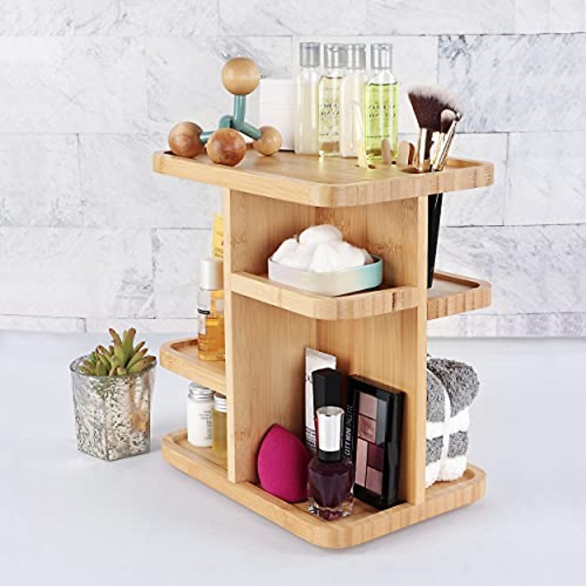 7Penn Bathroom Cosmetic Organizer Countertop Rotating Makeup Display - 11in Bamboo Bathroom Tower Shelf 2 Tier Organizer