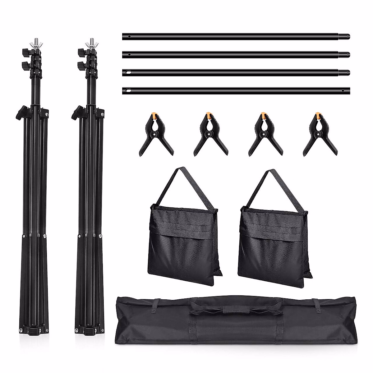 Photo Backdrop Stand, Photography Backdrop Stand, 10Ft Adjustable Background Stand Kit for Studio, Parties, Wedding, with 4 Crossbars, 4 Backdrop Clamps, 2 Sandbags, and Carrying Bag