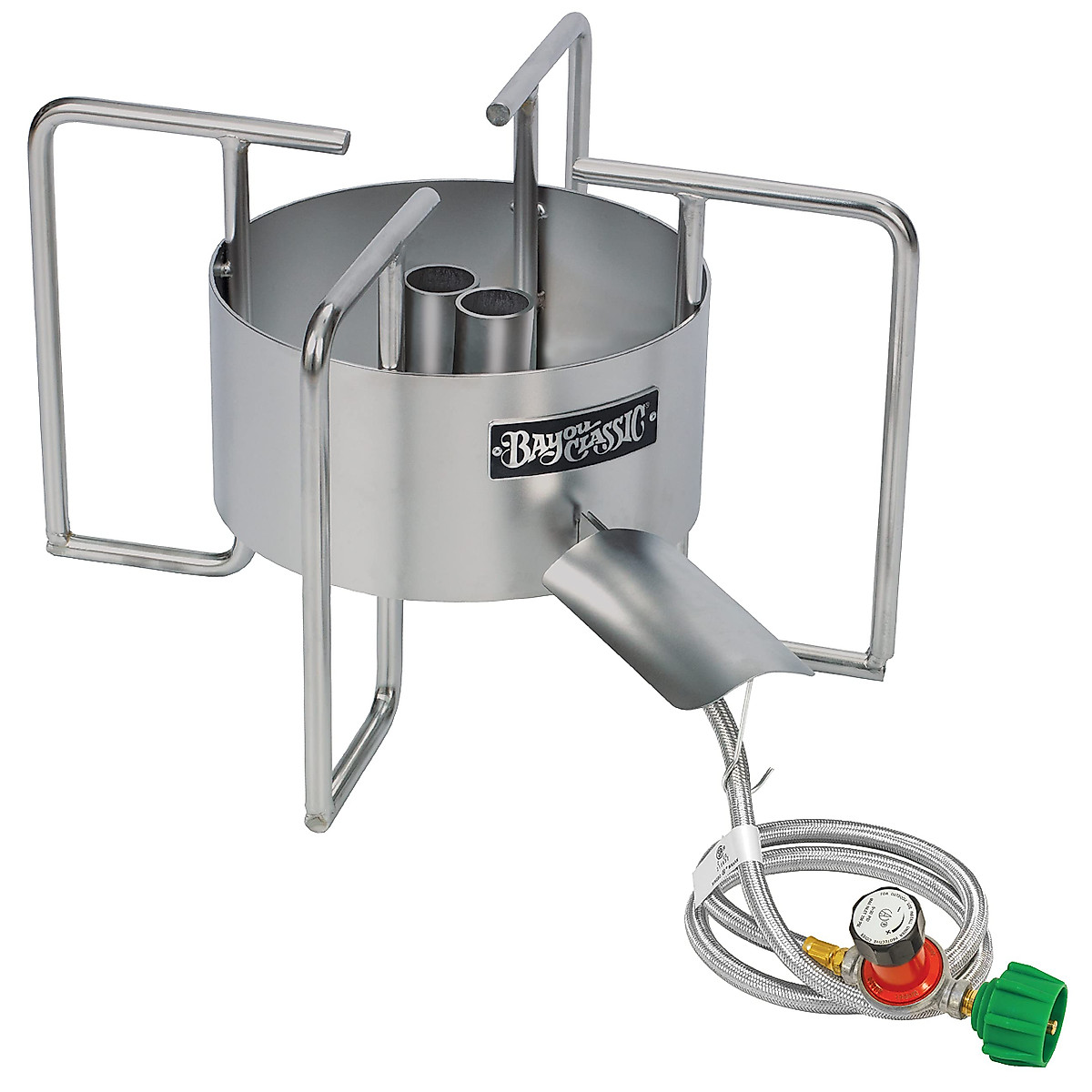 Bayou Classic SS40 22-in Stainless Dual Jet Cooker Features 22-in Cooking Surface 12.5-in Tall Welded Frame 30-psi Adjustable Regulator w/ 48-in Stainless Braided Hose