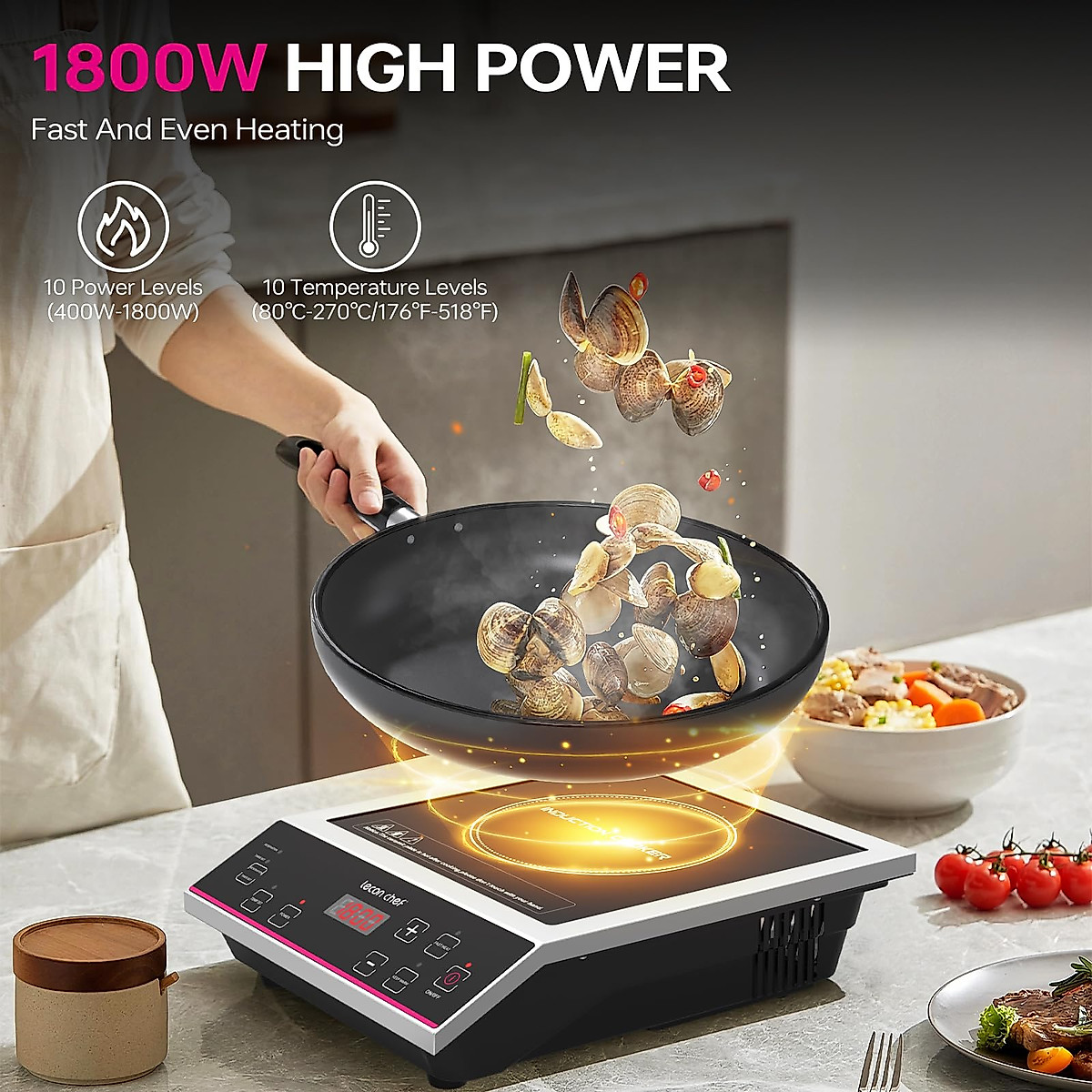 Lecon Chef Induction Cooktop 1800W Induction Burner Cooker Portable Commercial Countertop Burner Stove Stainless Steel Electric 10 Power&Temperature Levels Induction Range with 24-Hour Timer & Preset