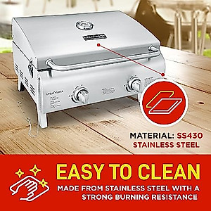 Portable Grill – Table Top Stainless Steel Propane Gas BBQ for Camping and Outdoor – 2 Burners –20,000 BTU Power - Folding Legs – Wind Proof Lid – Easy Clean – Silver - By Lifemaster
