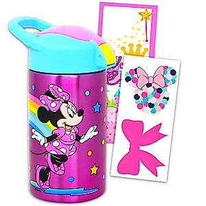 Disney Minnie Mouse Stainless Steel Water Bottle for Girls ~ 3 Pc Bundle with 15.5 oz Minnie Refillable Bottle For Home, School, and Sports, Stickers and Door Hanger