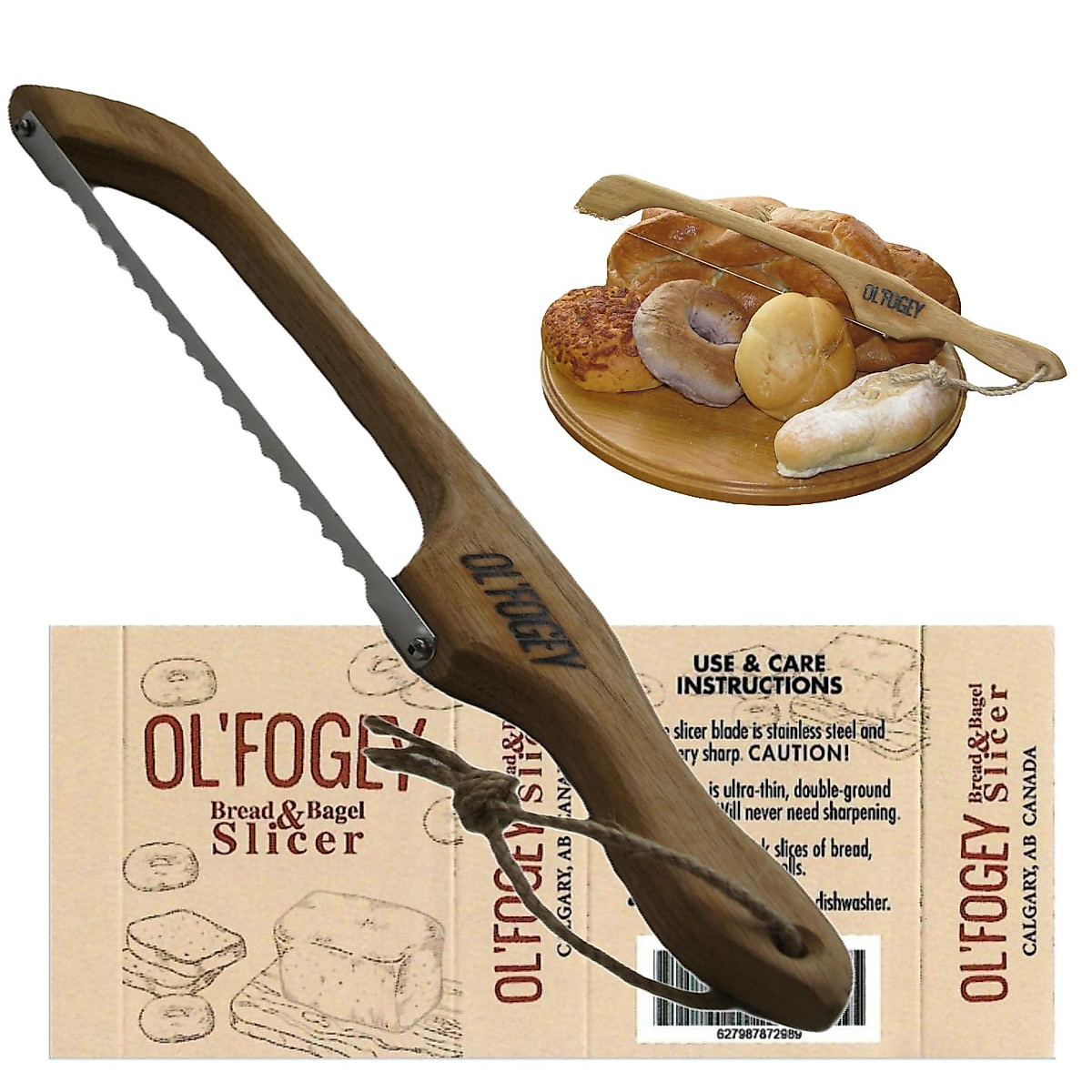 BREAD Knife islice.ca Bagel Knife - solid oak bow bread slicer for homemade bread - 17 inch - easy grip handle. For sourdough loaf & baguettes, easily slices crusty and hot loaves premium kitchen gift
