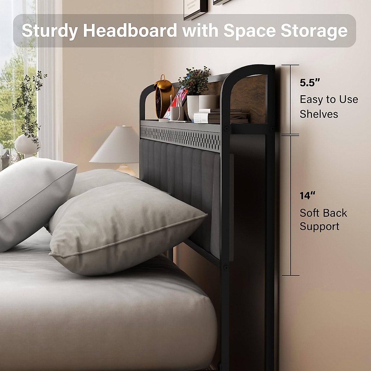 CXVX King Size Bed Frame with Storage Headboard, Metal Platform Bed Frame with 4 Storage Drawers and Charging Station & LED, Metal Support, Noise-Free, No Box Spring Needed, Easy to Assemble