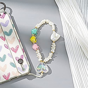 Mobile Phone Lanyard Pearl Beaded Phone Chain Transparent Heart Decor Phone Charm Universal Phone Lanyard Wrist Strap Anti Lost Phone Charm Strap Keychain Wallet Decoration Pendant for Women Girls