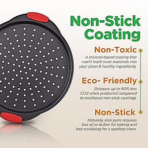 NutriChef 2-Piece 13-Inch Nonstick Pizza Tray, Round Carbon Steel Non-Stick Pizza Baking Pan with Perforated Holes, Premium Bakeware Pizza Screen with Silicone Grip Handles, Dishwasher Safe, NCBPIZX2