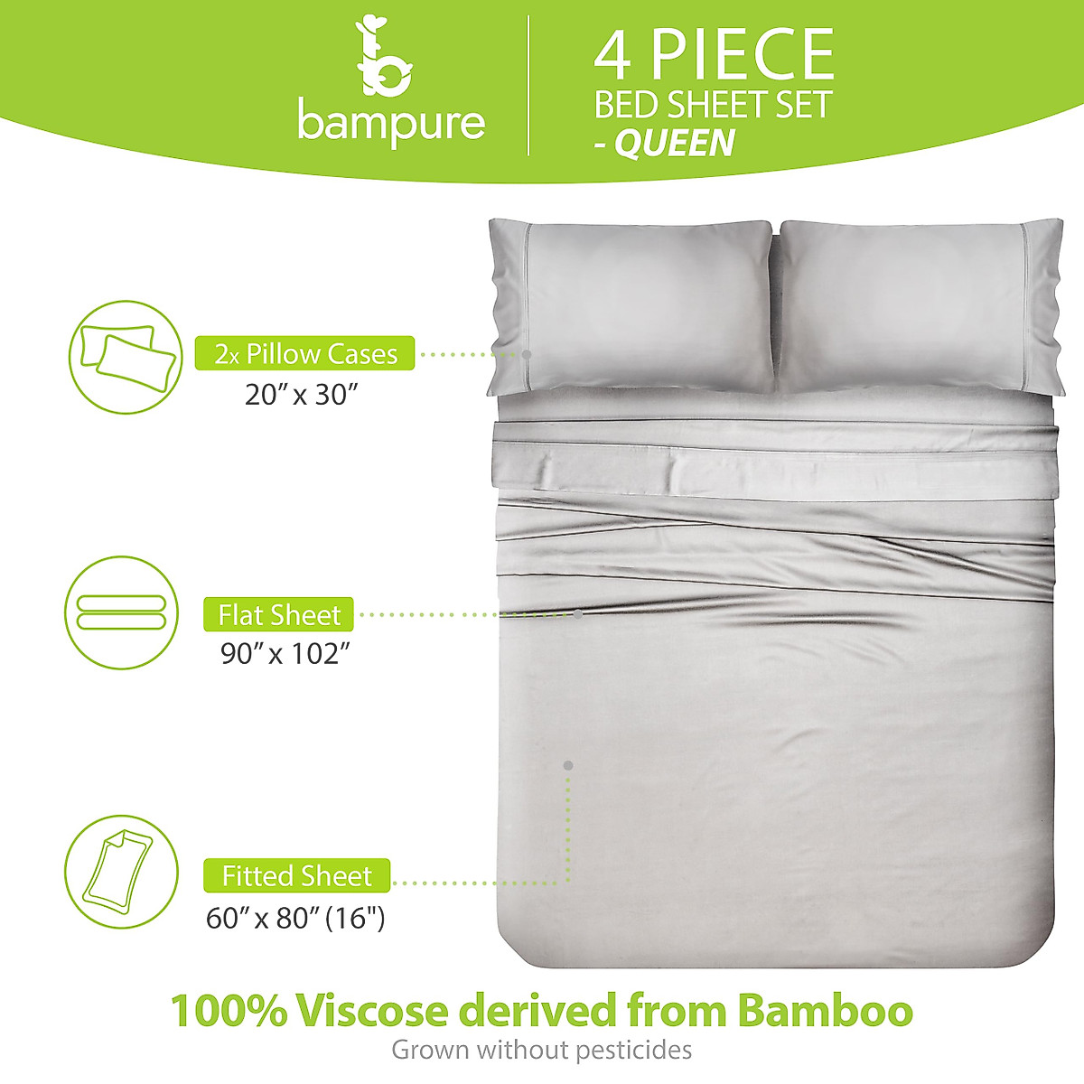 BAMPURE Luxury Series Queen Sheet Set - 100% Pure Viscose derived from Bamboo Sheets Queen Size - Super Soft Queen Cooling Sheets for Hot Sleepers - Up to 16’’ Deep Pocket Queen Sheets (L Grey)