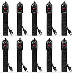 KMC 6-Outlet Surge Protector Power Strip 10-Pack, 735 Joules, Overload Protection, 2-Foot Cord