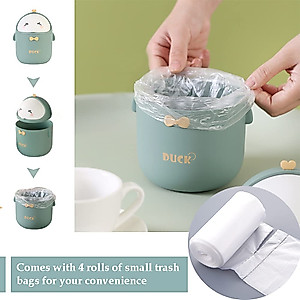 Ujk-TyLun Cute Desktop Trash Can Wastebasket and 120 Trash Bags, Creative Mini Garbage Can with Lid for Countertop Table, Tiny Plastic Storage Bin for Office, Kids Bedroom, 13 * 13 * 18.5cm (Green)