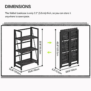4NM No-Assembly Folding Bookshelf Storage Shelves 3 Tiers Vintage Bookcase Standing Racks Study Organizer Home Office (Gray and Black)