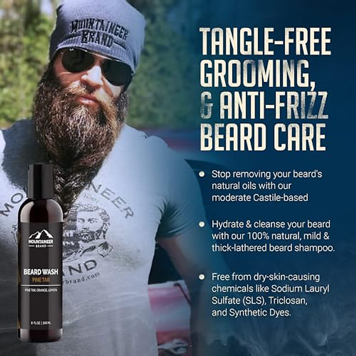 Mountaineer Brand Beard Wash For Men | 100% Natural Beard Shampoo | Thick Cleaning Softening Lather for Hair and Skin | Hydrate and Detangle | Grooming Treatment | WV Pine Tar Scent 8oz