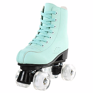 Womens Roller Skates Artificial Leather Adjustable Double Row 4 Wheels Roller Skates Shiny High-Top Outdoor Roller Skate for Teens,Adult (Flash Wheel, 39/US 8.5)