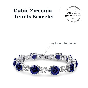 KEZEF Silver Plated Brass CZ Tennis Bracelet - Round 8mm Simulated Blue Sapphire & Round 5mm White CZ-7 Inch