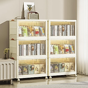pupustar Storage Bins with Lids and Doors, Plastic Stackable Storage Bins Open Front, Foldable Storage Boxes for Organizing, Folding Storage Bins with Wheels, Opening Storage Boxes Set