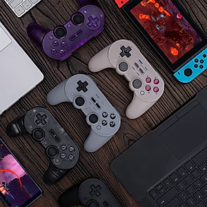 AKNES 8BitDo Pro 2 Bluetooth Wireless Controller for Switch/Switch OLED with Joycon Thumb Grip Caps - Gamepads for Steam Deck, MacOS, iOS, PC, Android & Raspberry Pi (Clear/Transparent Purple)
