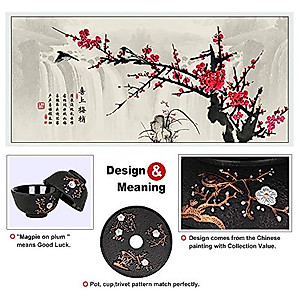 Cast Iron Teapot with Tea Cups Trivet Japanese Style Tetsubin Tea Kettle with Infuser Iron Tea Set Gift for Adult Father Mother Family (Black,Magpie on the Plum Design)