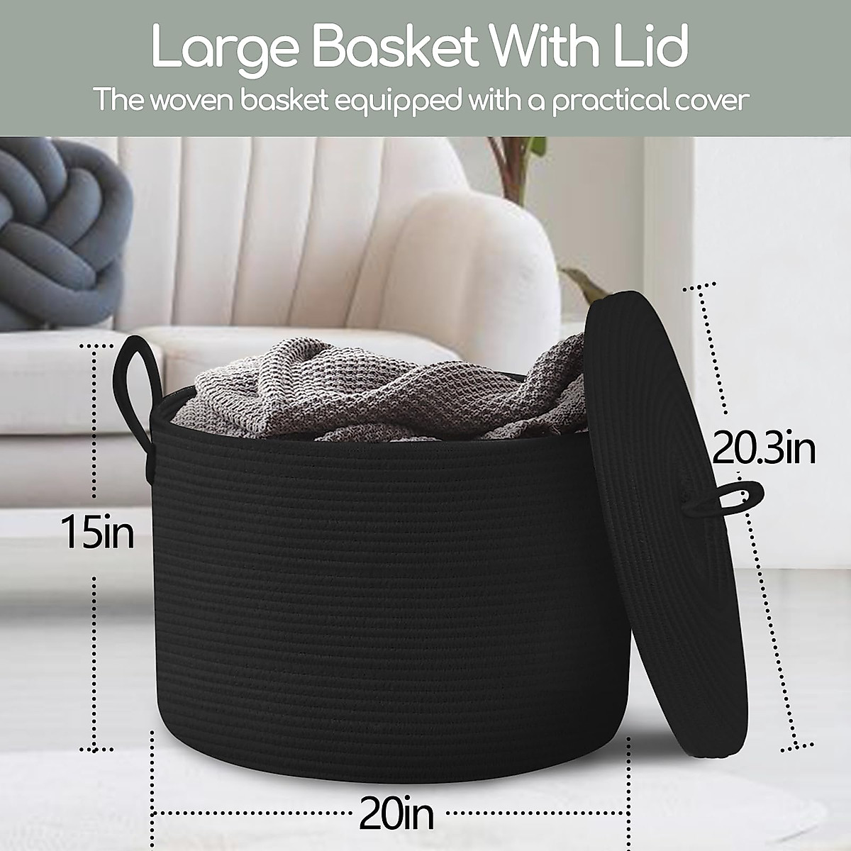 MEGASKET Black Basket with Lid, 20" X 15" Large Wicker Baskets for Organizing, Woven Cotton Rope Baskets for Storage, Kids Room Storage Toy Box Organizer and Storage Basket, Stuffed Animals basket Bin
