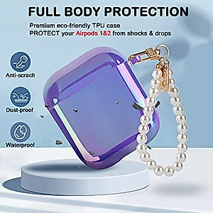 Glitter Laser Case for AirPods 2/1 with Pearl Wrist Bracelet Chain Keychain Soft TPU Protective Case for Women Girls Kids Cover Compatible with AirPod 2nd &1st Gen -Lilac Purple