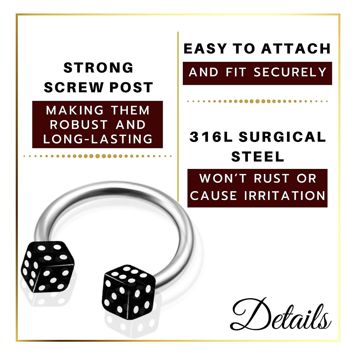 6Pcs Surgical Steel 16g 5/16 8mm medium sized horseshoe hoops Piercing Jewelry Septum Daith Cartilage Helix Eyebrow 3mm Dice M7513