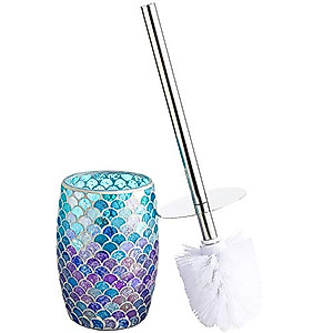 WHOLE HOUSEWARES | Bathroom Wastebasket | Mermaid Glass Mosaic Decoration and Bathroom Accessories Toilet Brush Set - Blue Toilet Bowl Brush and Holder (Fan Shape)