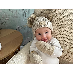 Funky Junque Infant Double Pom Beanie and Mittens Set - Diagonal Basketweave - Beige