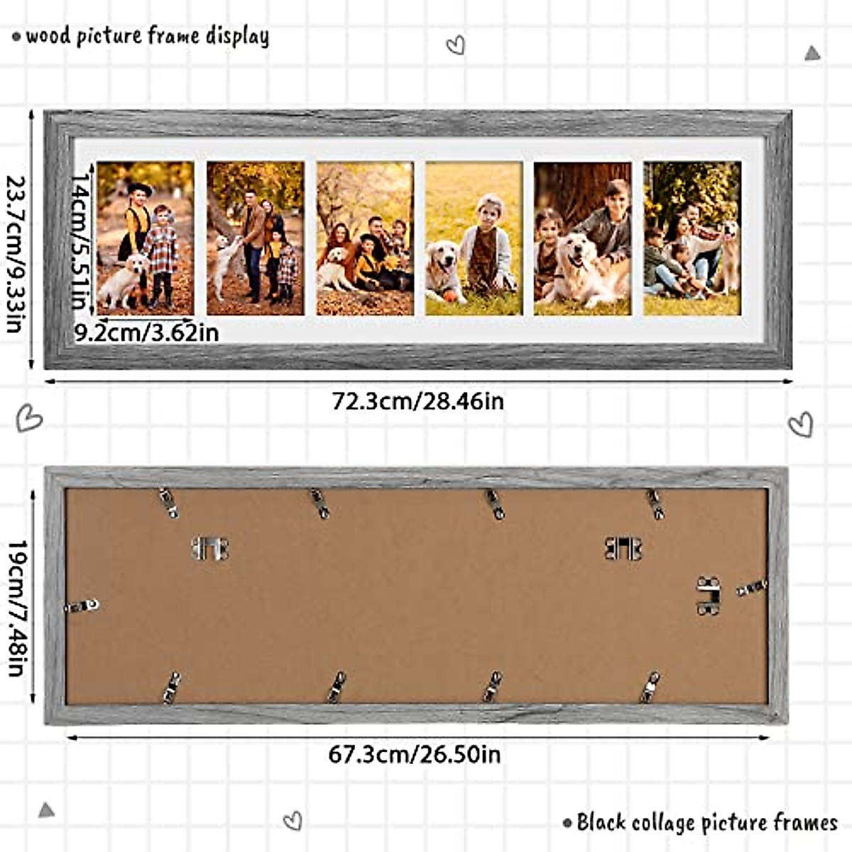 Chunful 2 Pcs 28.4 x 9.5 Inches Collage Picture Frames for Wall Multiple 4 x 6 Inch Wood Picture Frame Display 6 Opening Multi Photo Frame with Acrylic Screens Horizontal and Vertical (Gray)