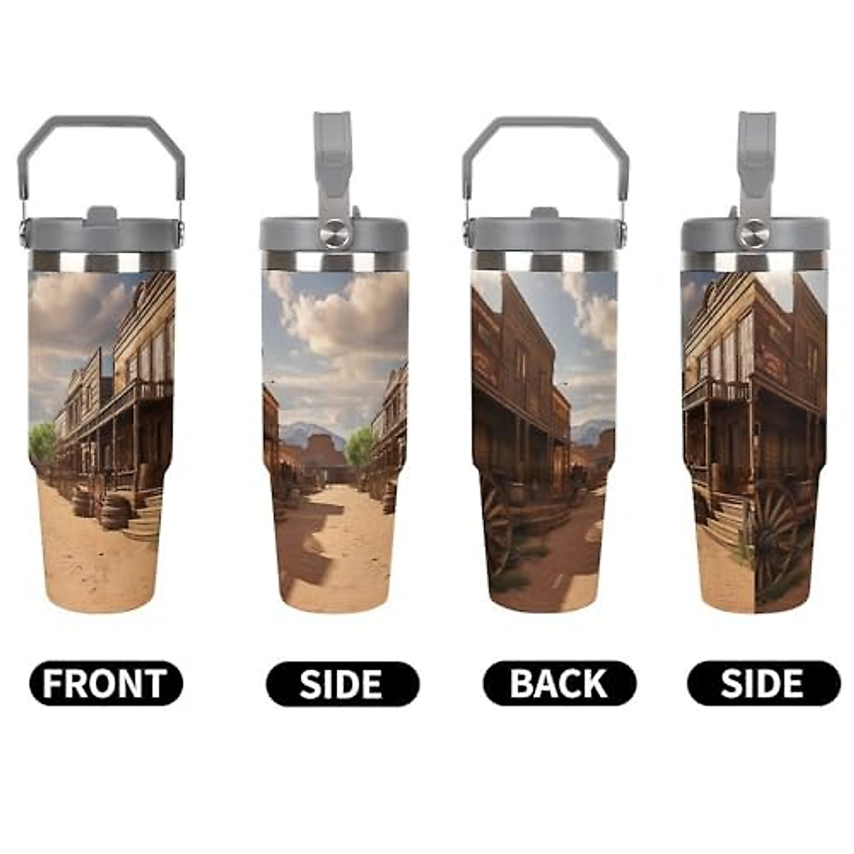 BWQJKUO Large Capacity Car Cup 30 Oz Stainless Steel Old Wild West Cowboy Town Printed Travel Mug Leak-proof Flip Straw Tumbler with Handle,keeps Cold Or Ho