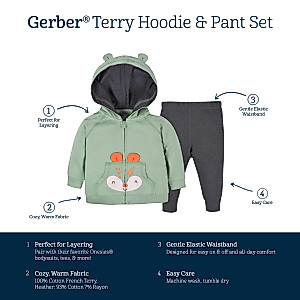 Gerber Baby Boys Toddler Zip Hoodie & Joggers Clothing Set Fox Green 0-3 Months